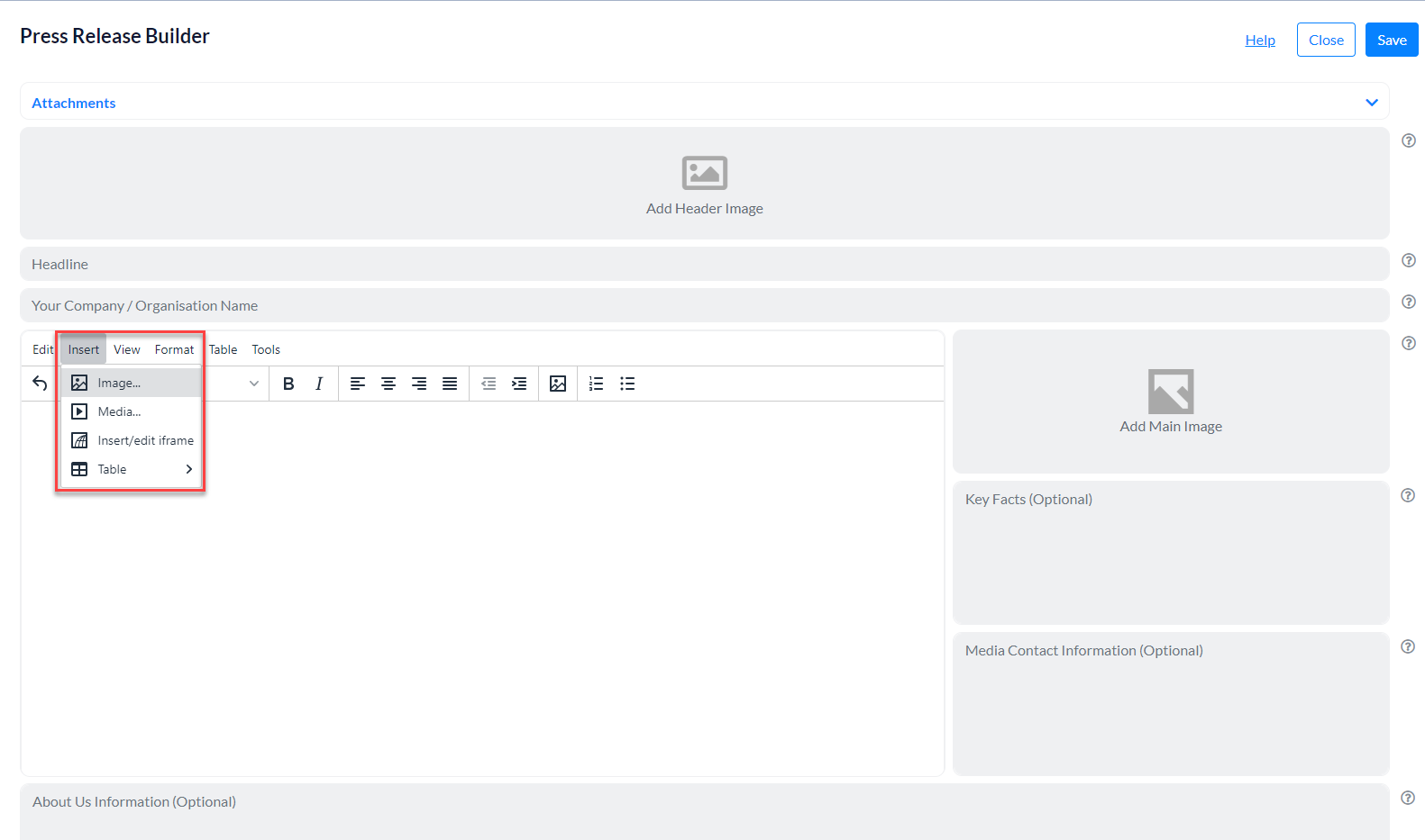 How do I embed visual elements into my press release?